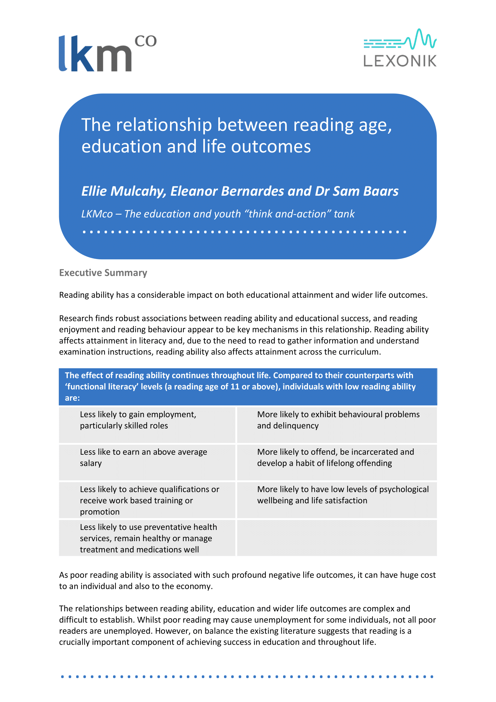 The relationship between reading age, education and life outcomes - CfEY